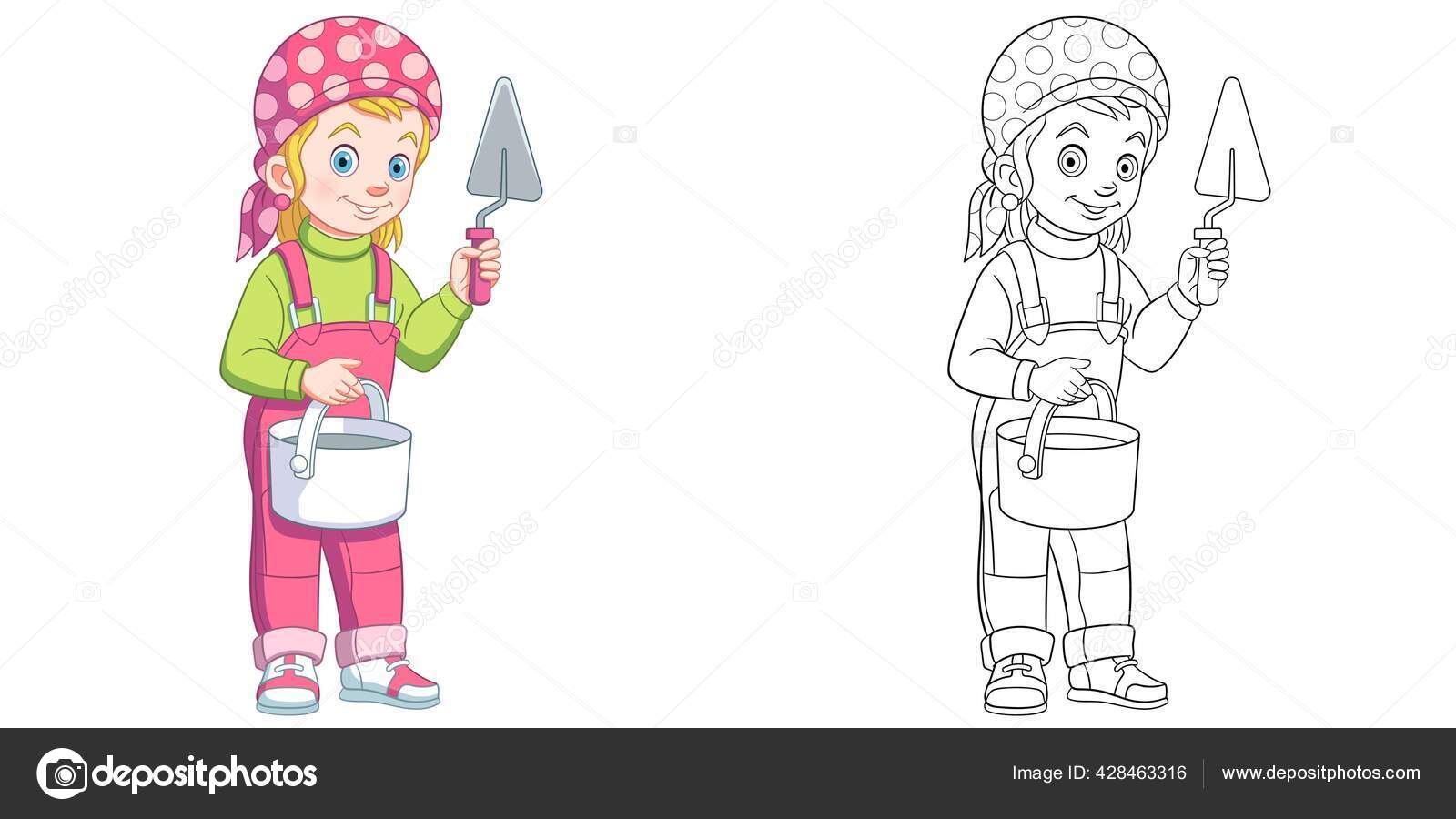 Página Para Colorear Con Chica Constructora Dibujo Línea Arte Para ...