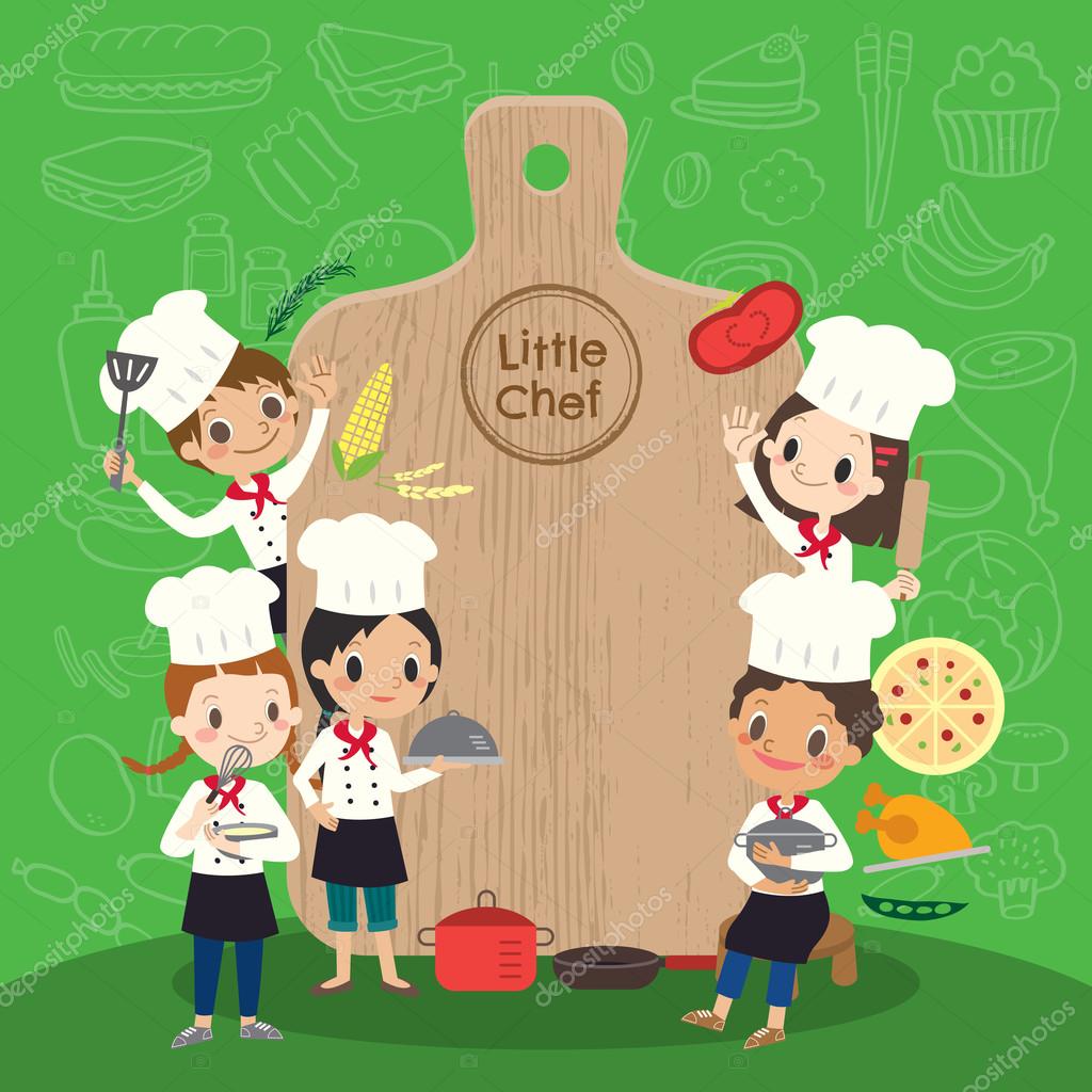 Group of young chef with chopping block children kids cartoon ...