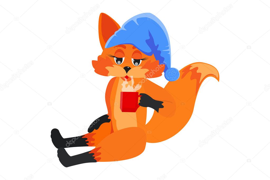 Un zorro gracioso con una gorra de dormir en la cabeza, bebiendo una ...