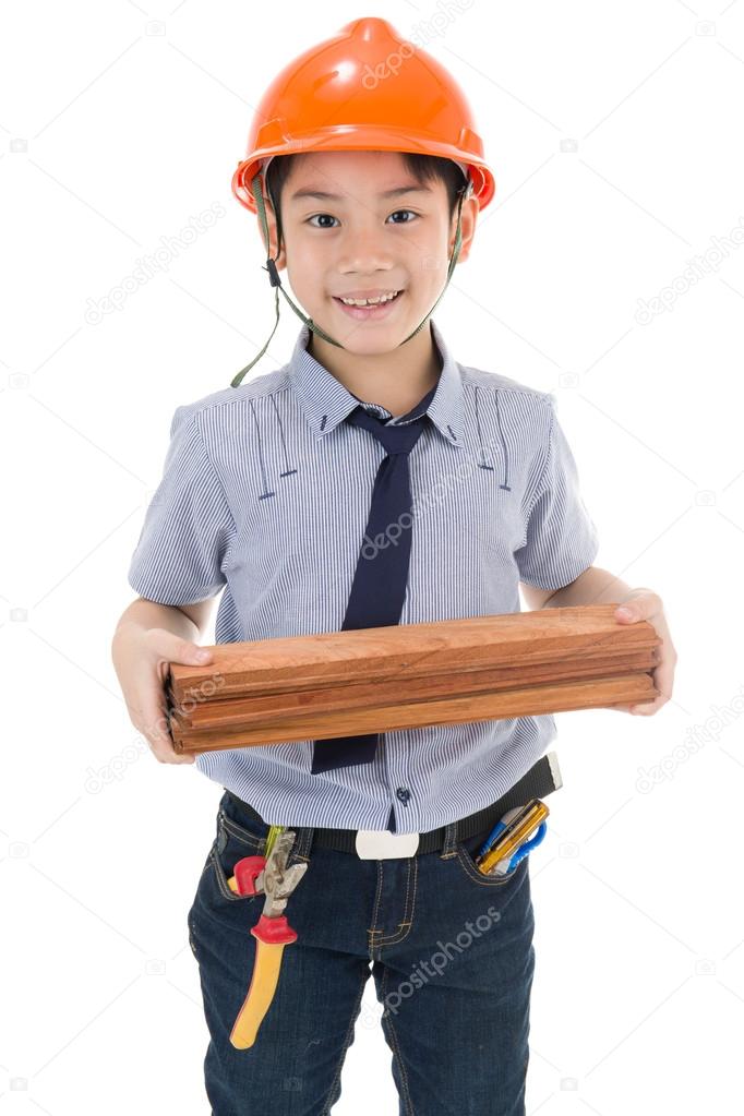 Young asian child construction engineer Holding equipment Stock Photo ...