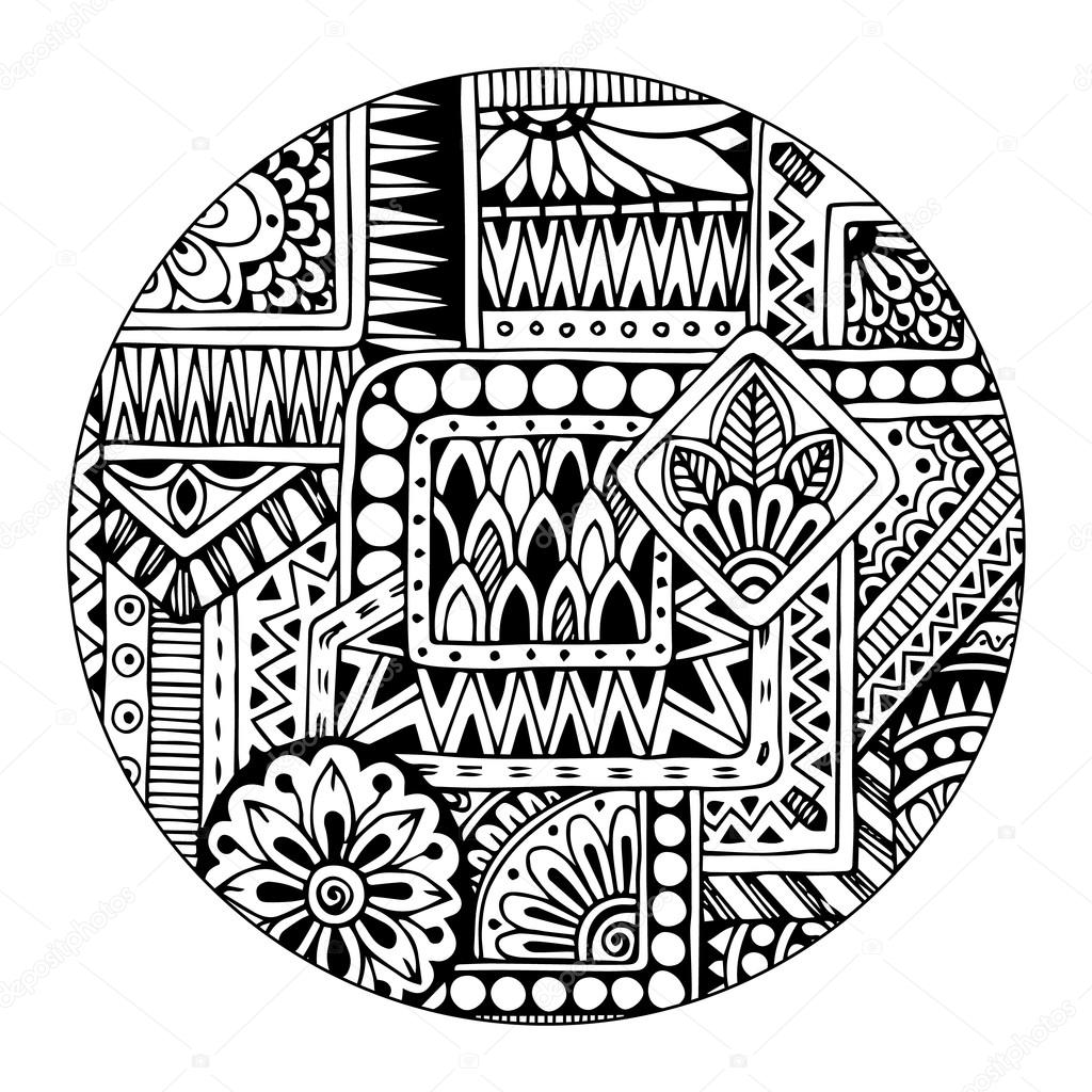 Ethnic tribal pattern in circle. Black and white mosaic mandala. Stock ...