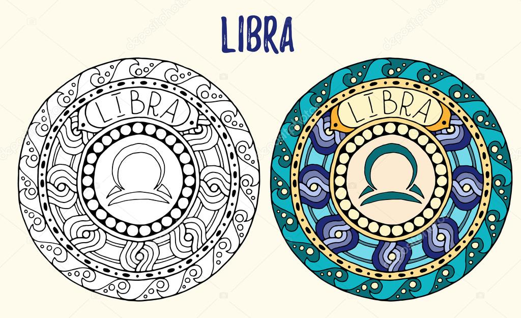 Zodiac signs theme. Black and white and colored mandalas with libra ...