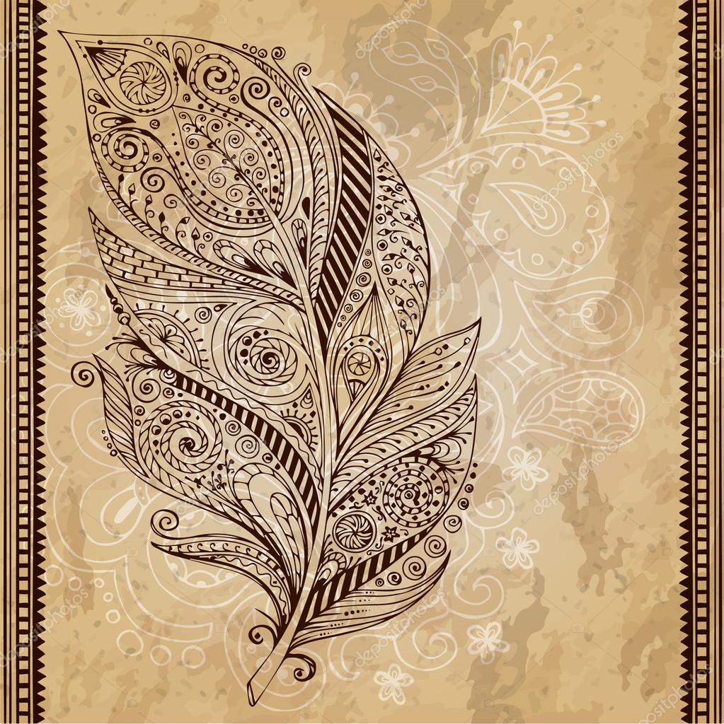 Artistically drawn, stylized, vector tribal graphic feather with hand ...