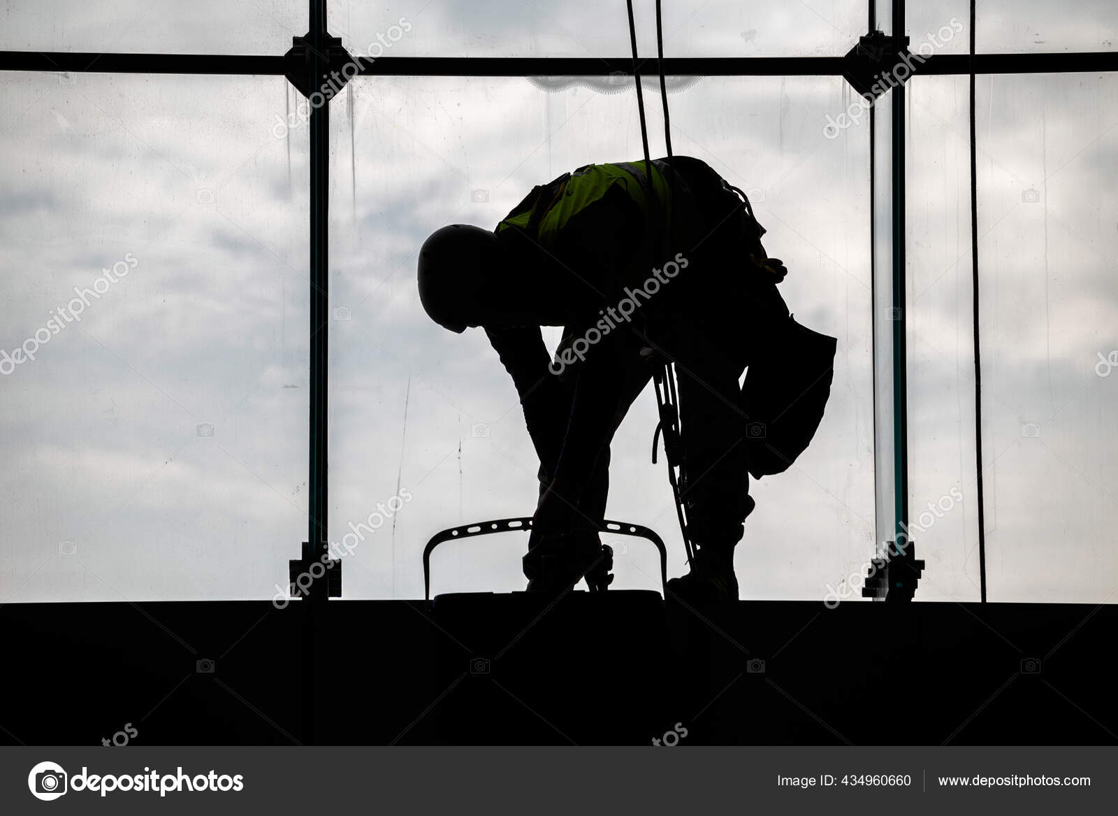 Worker Silhouettes Cleaning Windows Height Cleaning Building Window ...