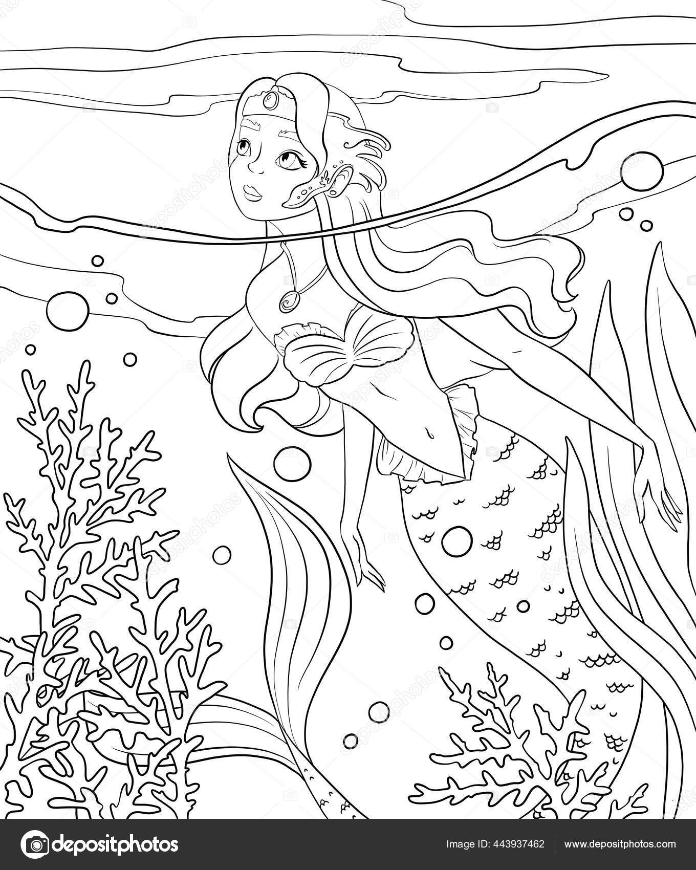 Coloring Pages Mermaid Line Art Design Adults Children Coloring Doodle ...