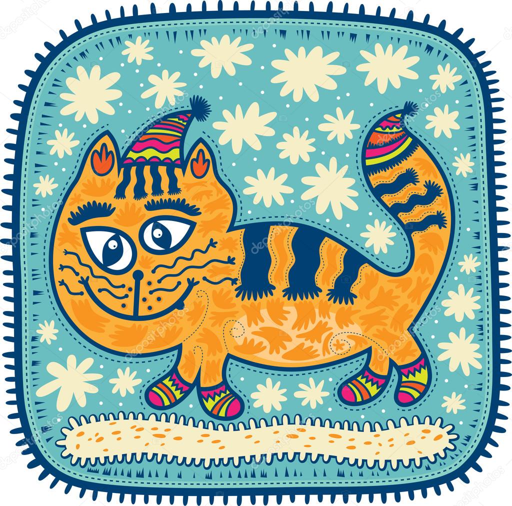 Yellow Cat in the cap with big eyes — Stock Vector © sbabanin #54368955