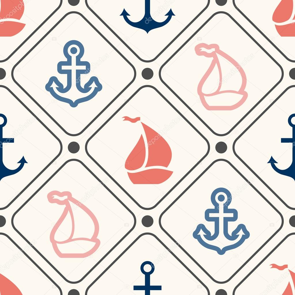 Seamless pattern of anchor, sailboat shape in frame — Stock Photo ...