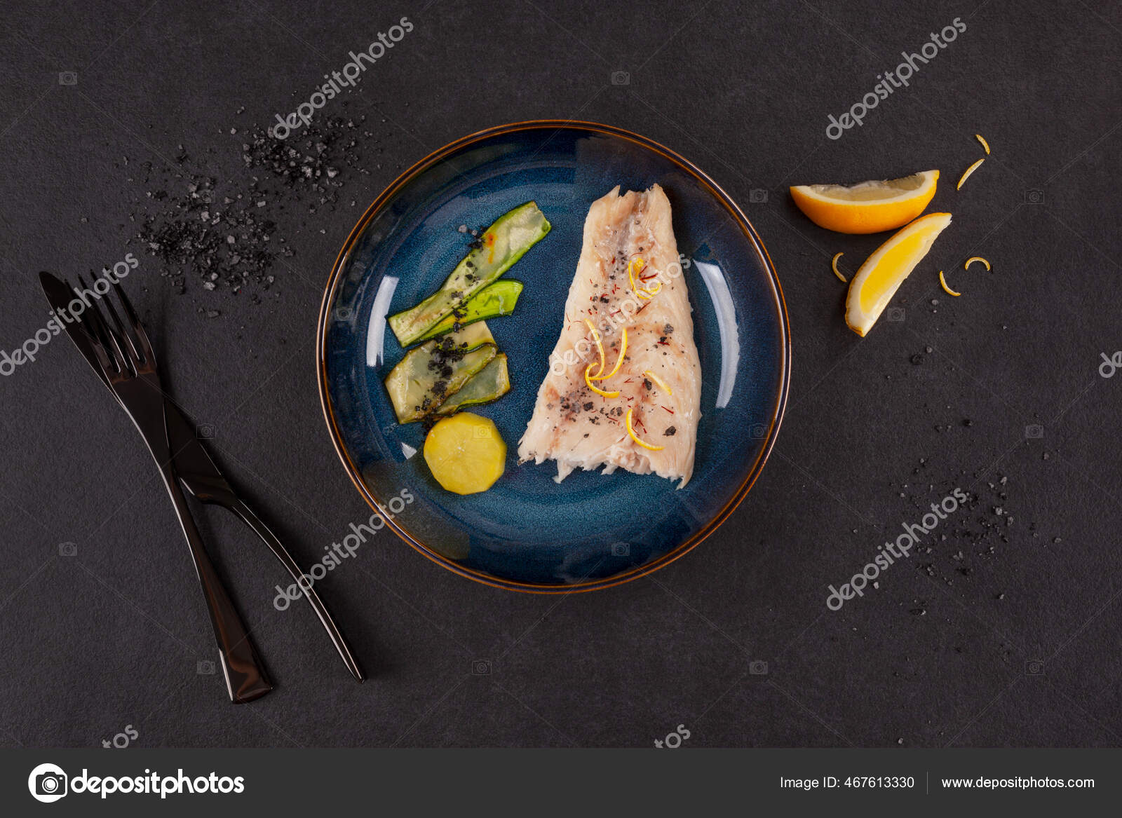 Fine Dining Grilled Fish Fillet Zucchini Slices Potato Lava Salt Stock ...