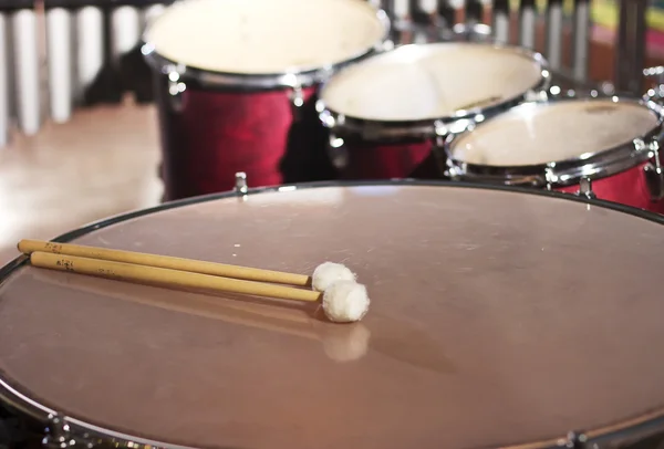 Group of classical percussion instruments on a large wooden stage Stock ...