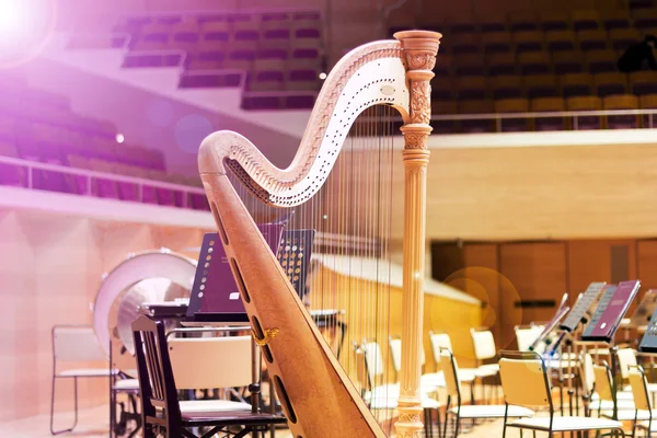Harp in a large concert hall. Musical instrument.The concert harp Stock ...