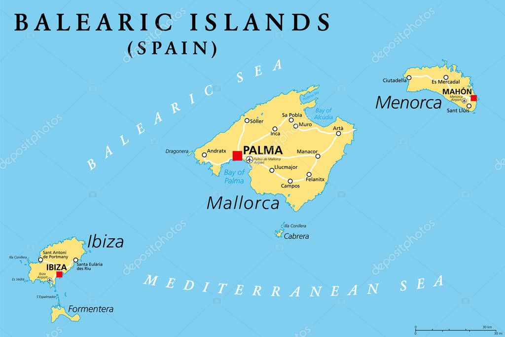 Islas Baleares, mapa político, con las principales islas Mallorca ...