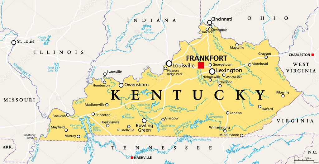 Kentucky, KY, mapa político con la capital Frankfort y las ciudades más ...