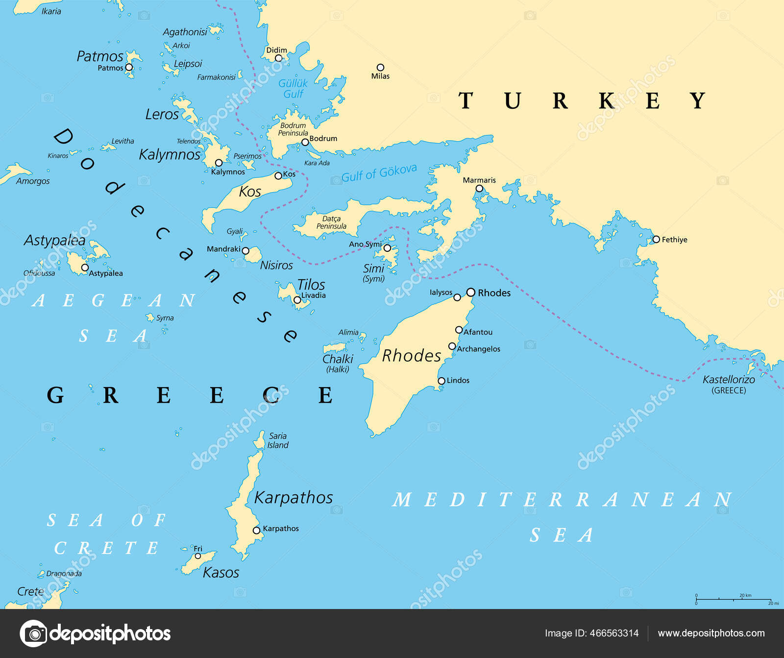 Dodecaneso Mapa Político Grupo Islas Griegas Sudeste Del Mar Egeo ...