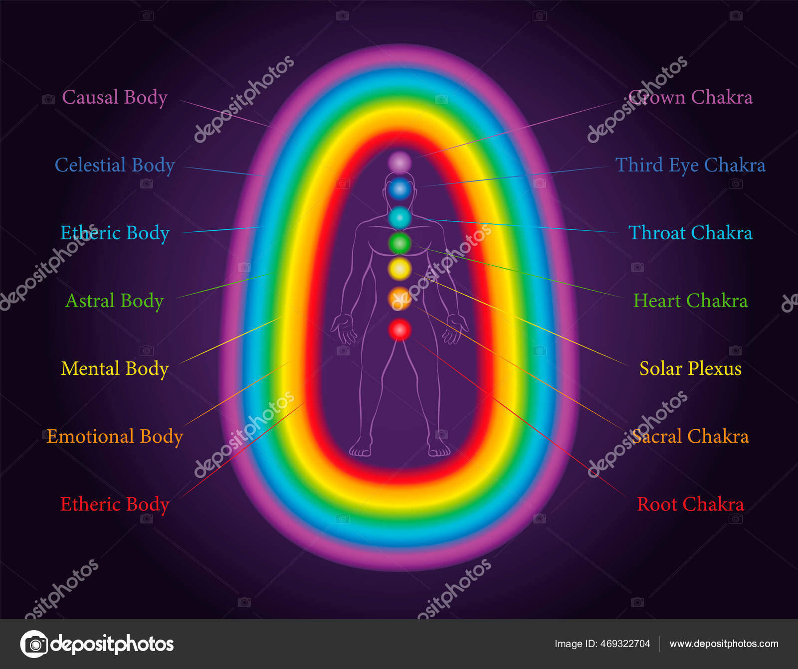 Aura Bodies Seven Layers Meditating Man Related Chakras Same Colors