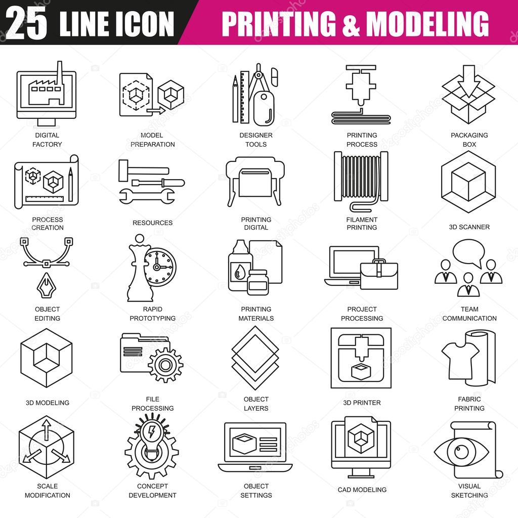 Thin line icons set of 3D printing and modeling technology. Modern flat ...
