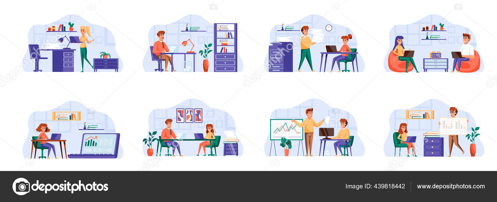 Office management scenes bundle with people characters. People working ...