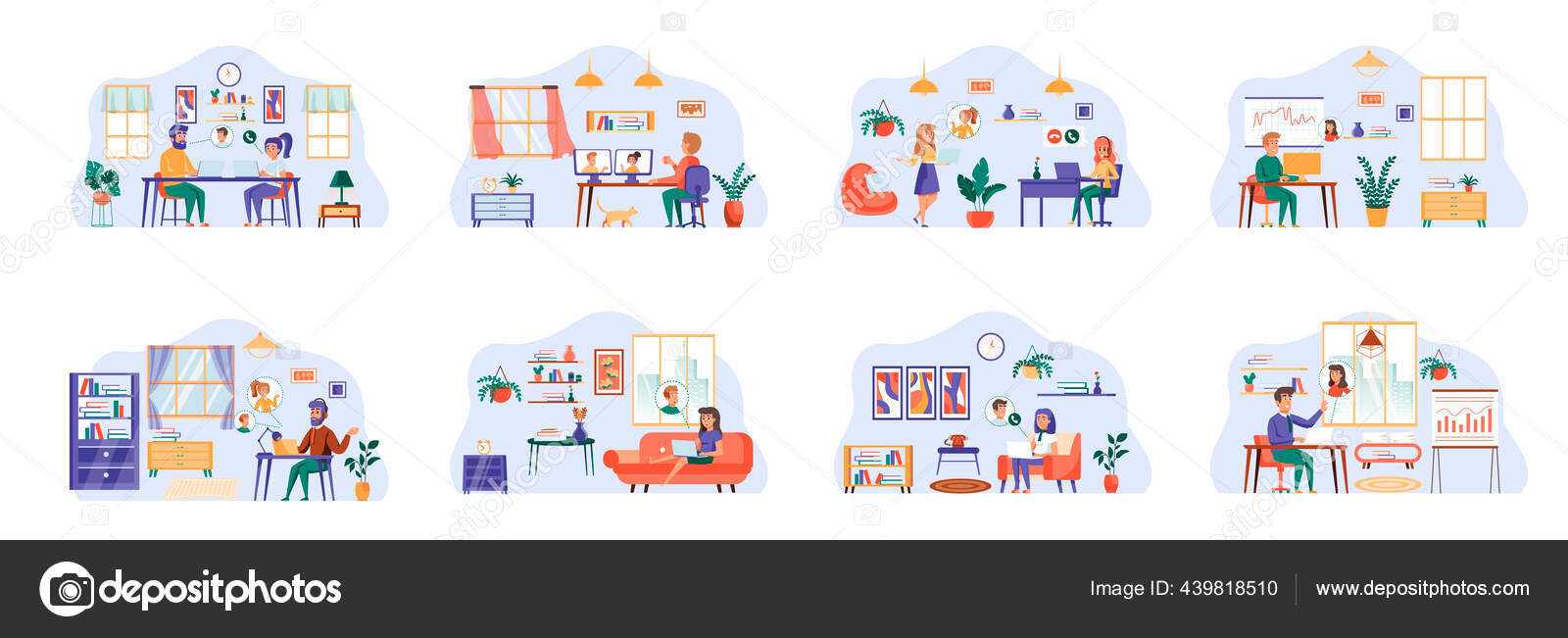 Video conference bundle of scenes with flat people characters. Online ...