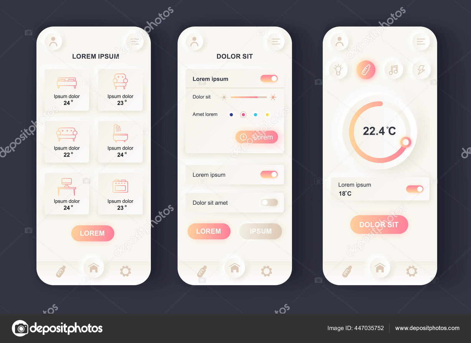 Smart Home unique neomorphic design kit. Online remote home control, monitoring and management ...