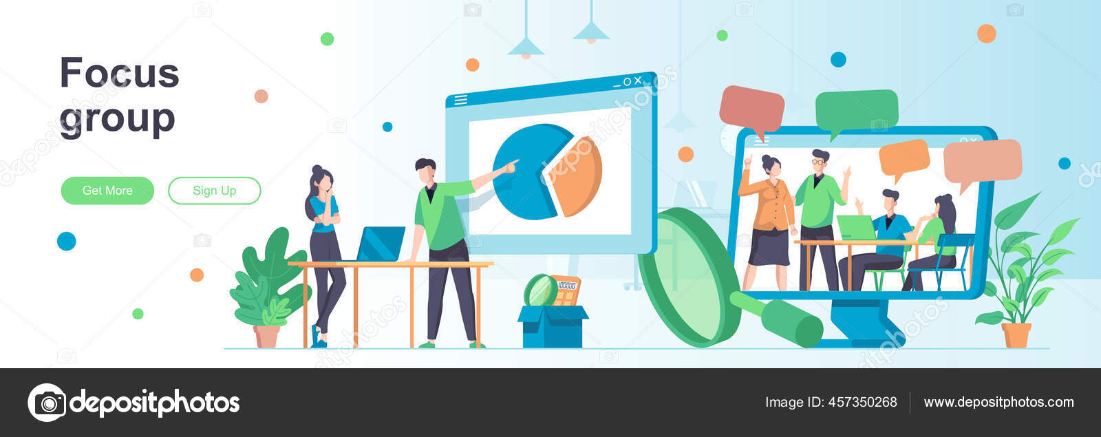 Focus group landing page with people characters. Collective discussion ...