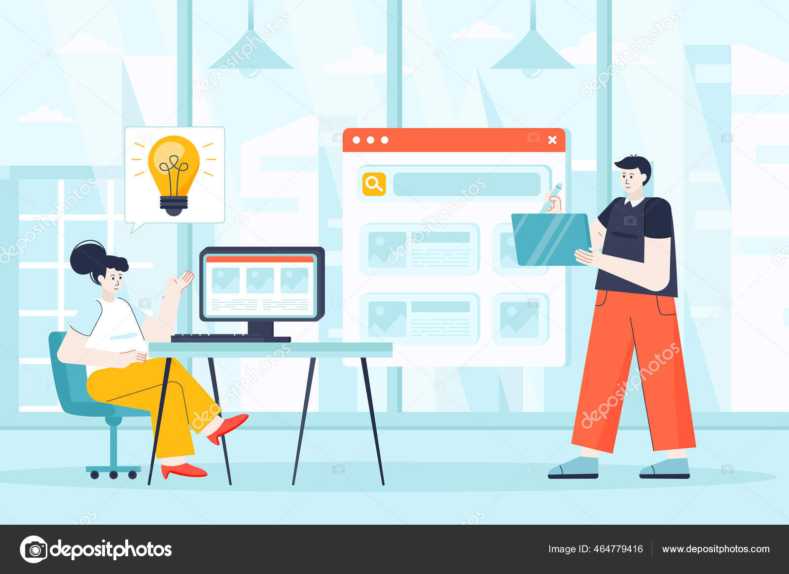 Designers concept in flat design. Employees working at office scene ...