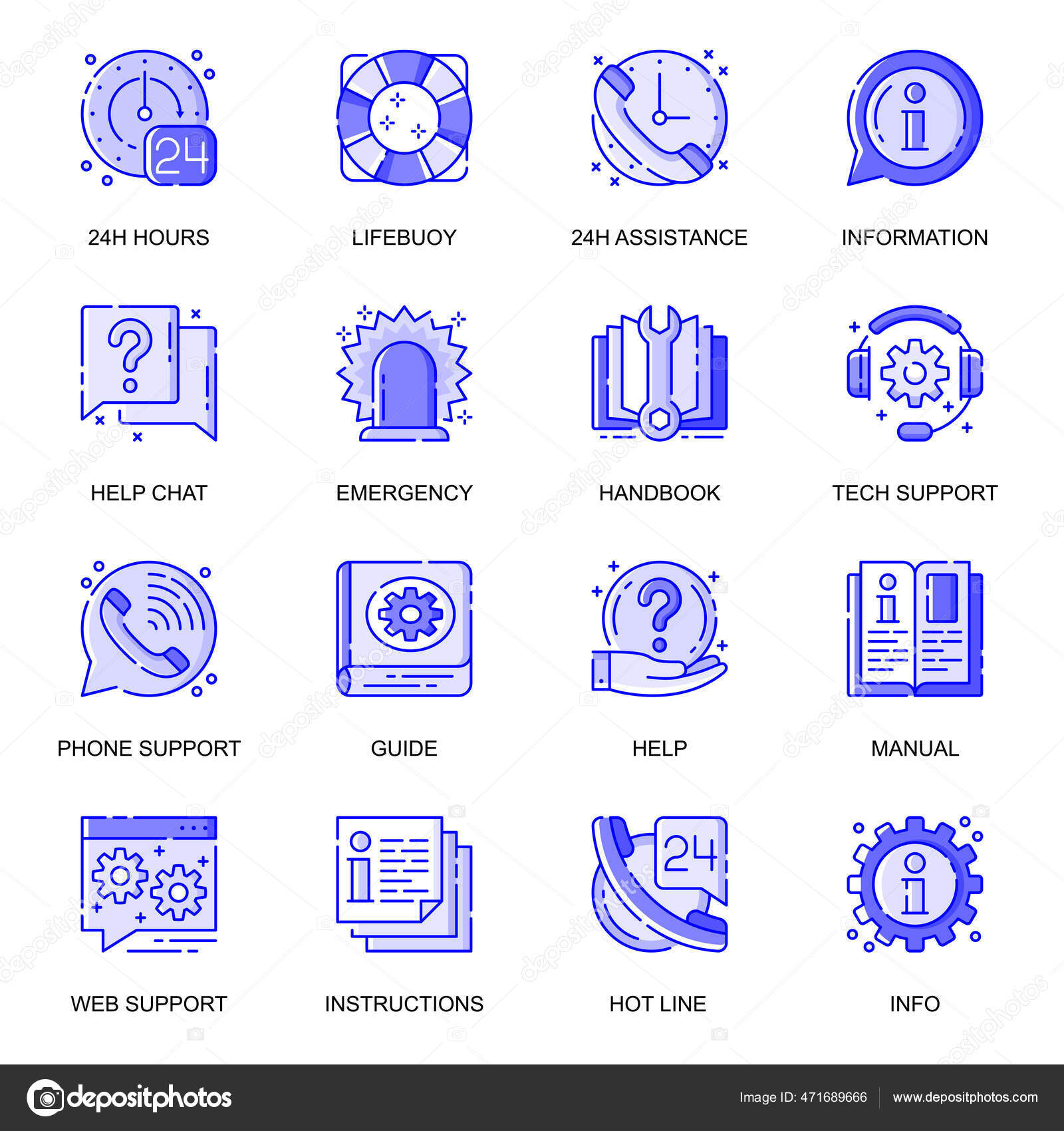 Help And Support web flat line icons set. Pack outline pictogram of 24 ...