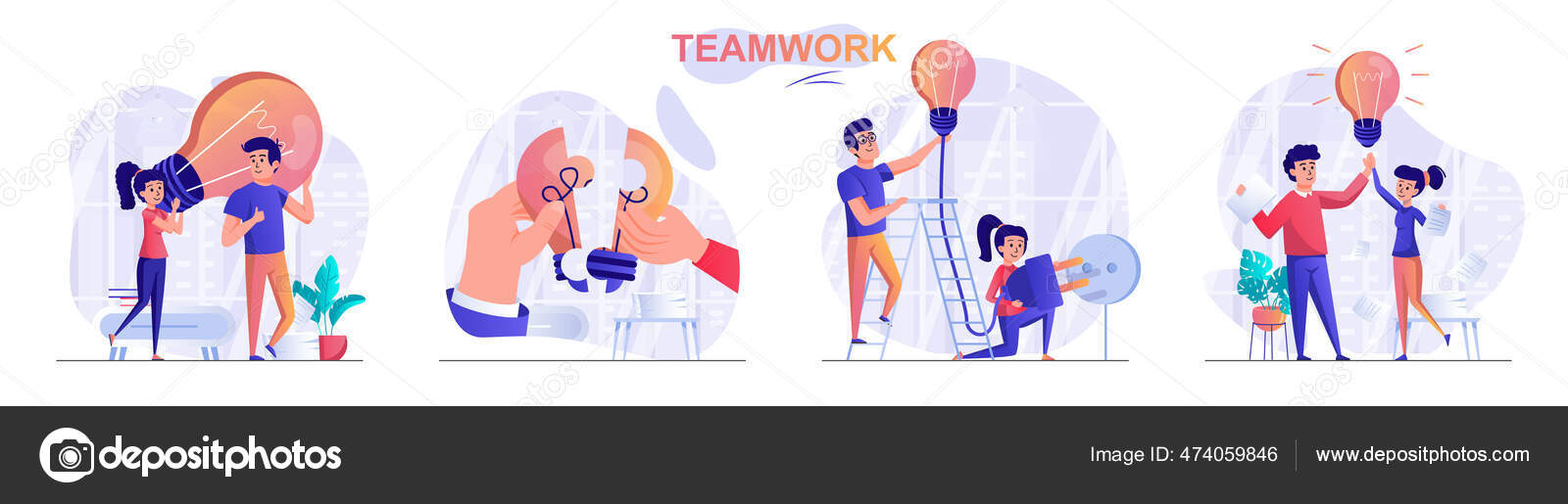 Teamwork concept scenes set. Colleagues brainstorming, create ideas ...