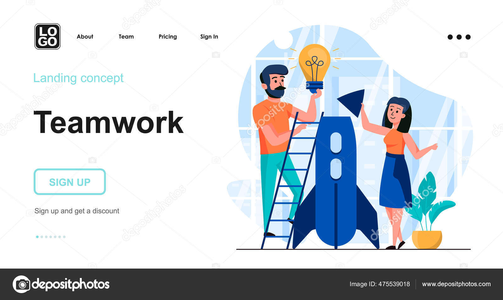 Teamwork web concept. Man and woman launch startup, develop new business together, cooperation ...