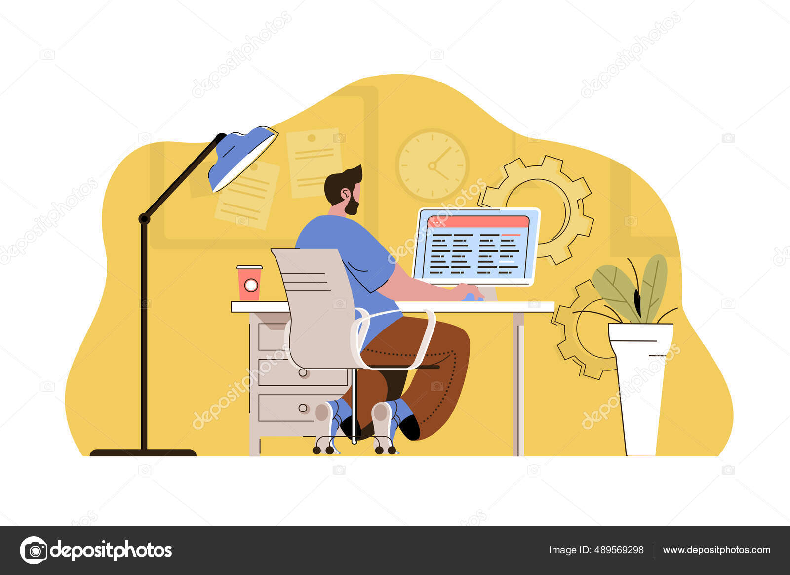 Work optimization concept. Man creates schedule, planning processes and ...