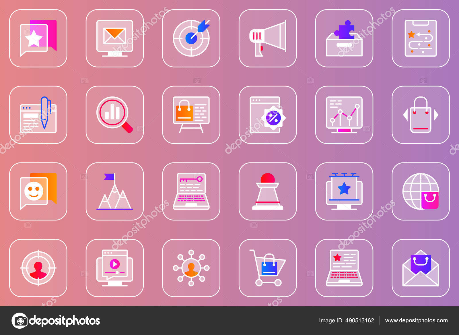 Digital marketing web glassmorphic icons set. Pack outline pictograms ...