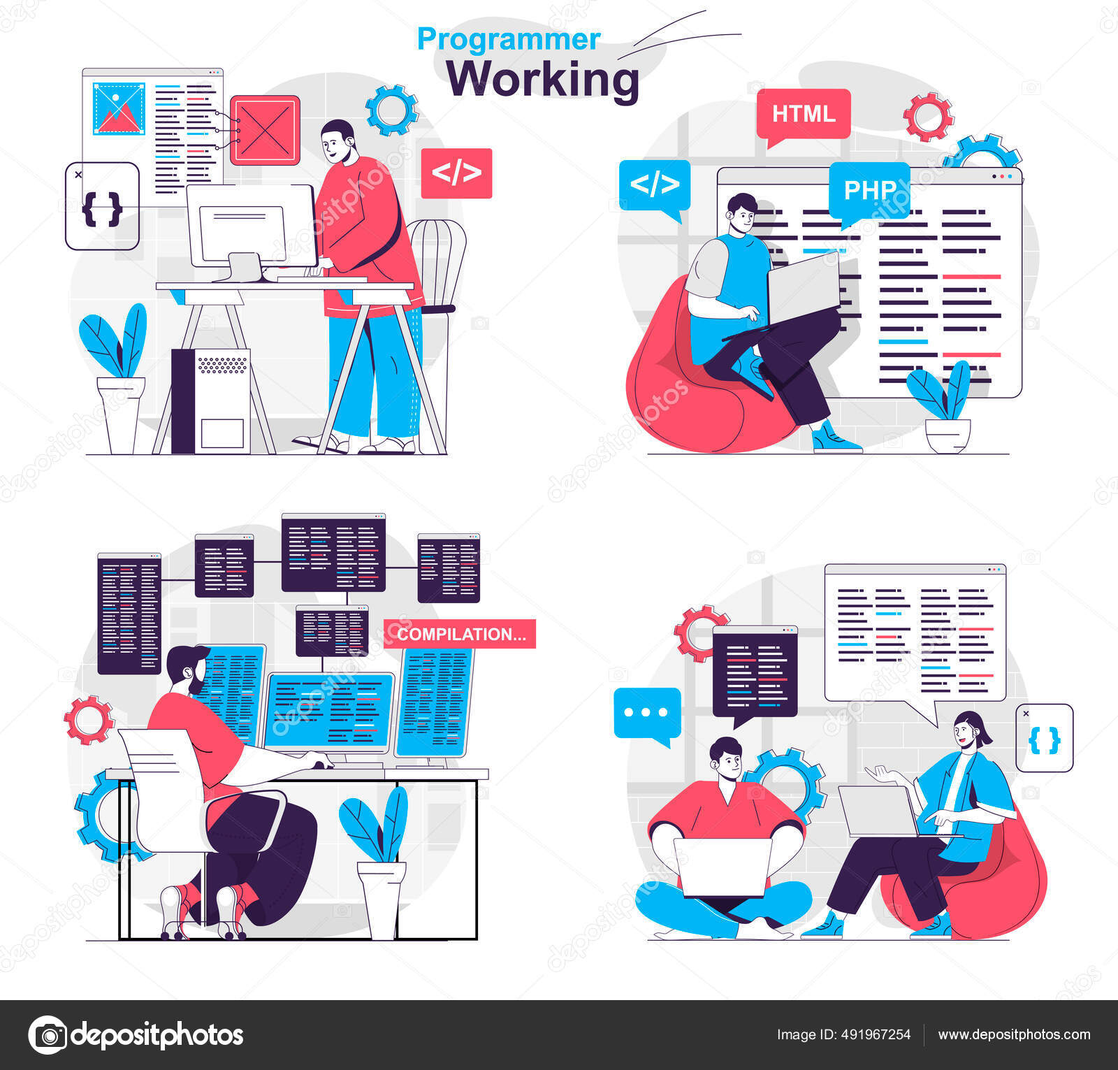 Conjunto de concepto de trabajo del programador. Desarrollador crea ...