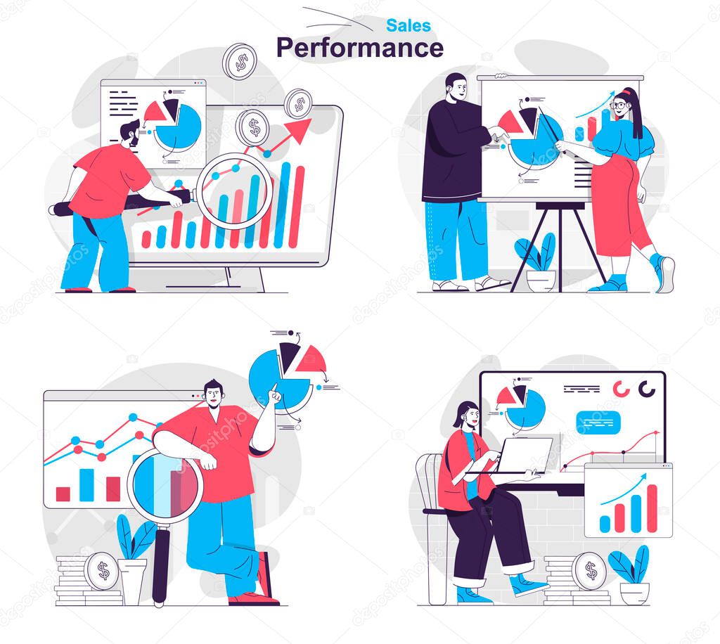 Conjunto de concepto de rendimiento de ventas. Los especialistas en ...