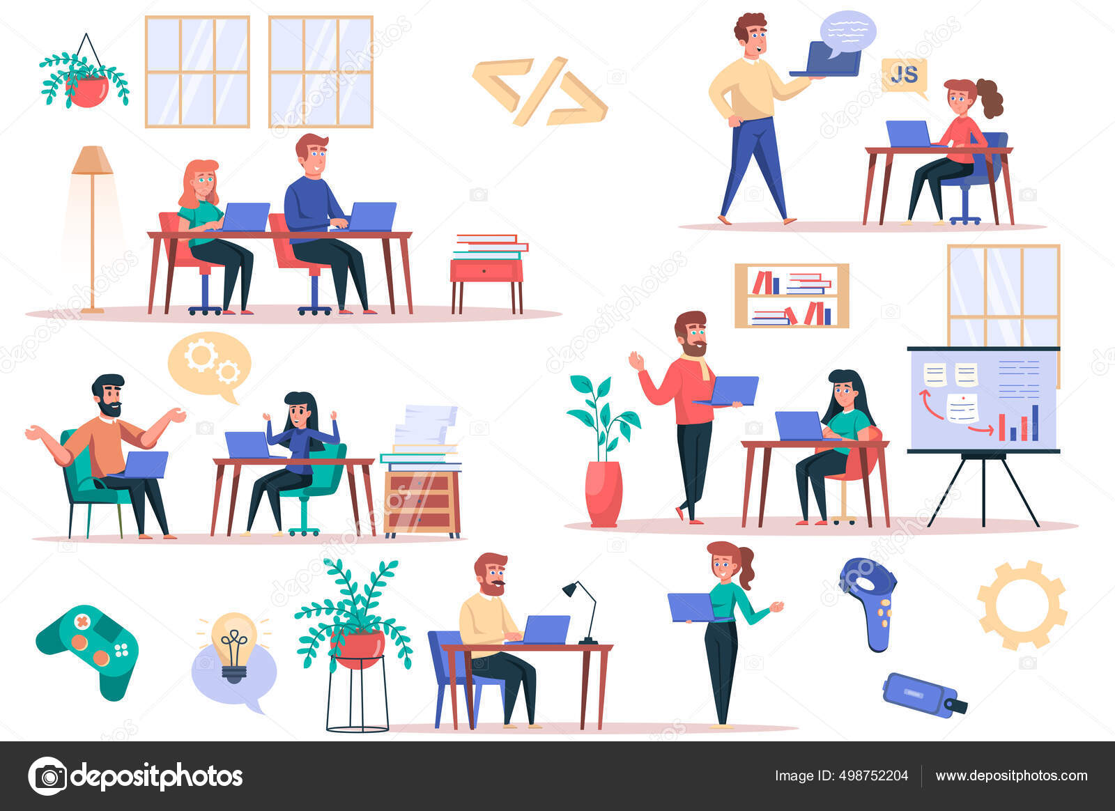 Game developer working isolated elements set. Bundle of men and women ...