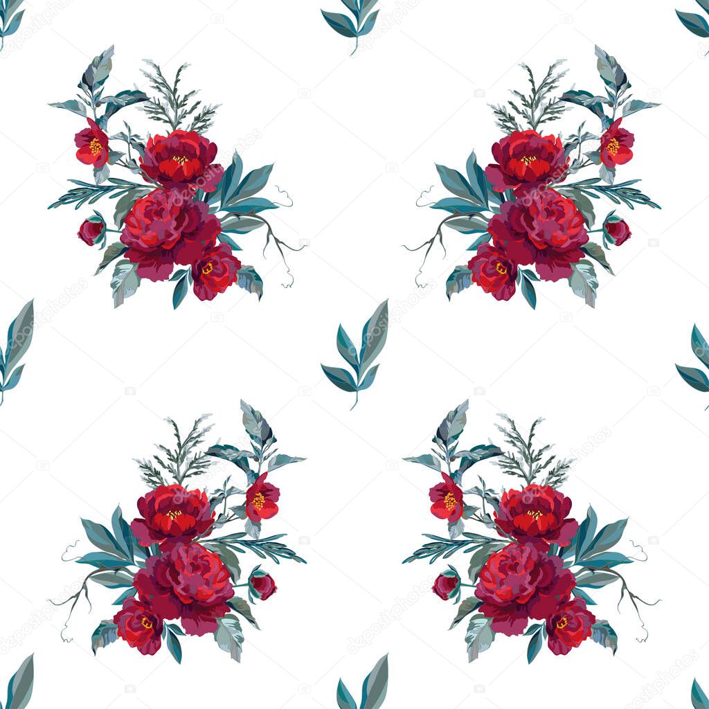 Ramo con peonías rojas y hierba. Ilustración vectorial. 2023