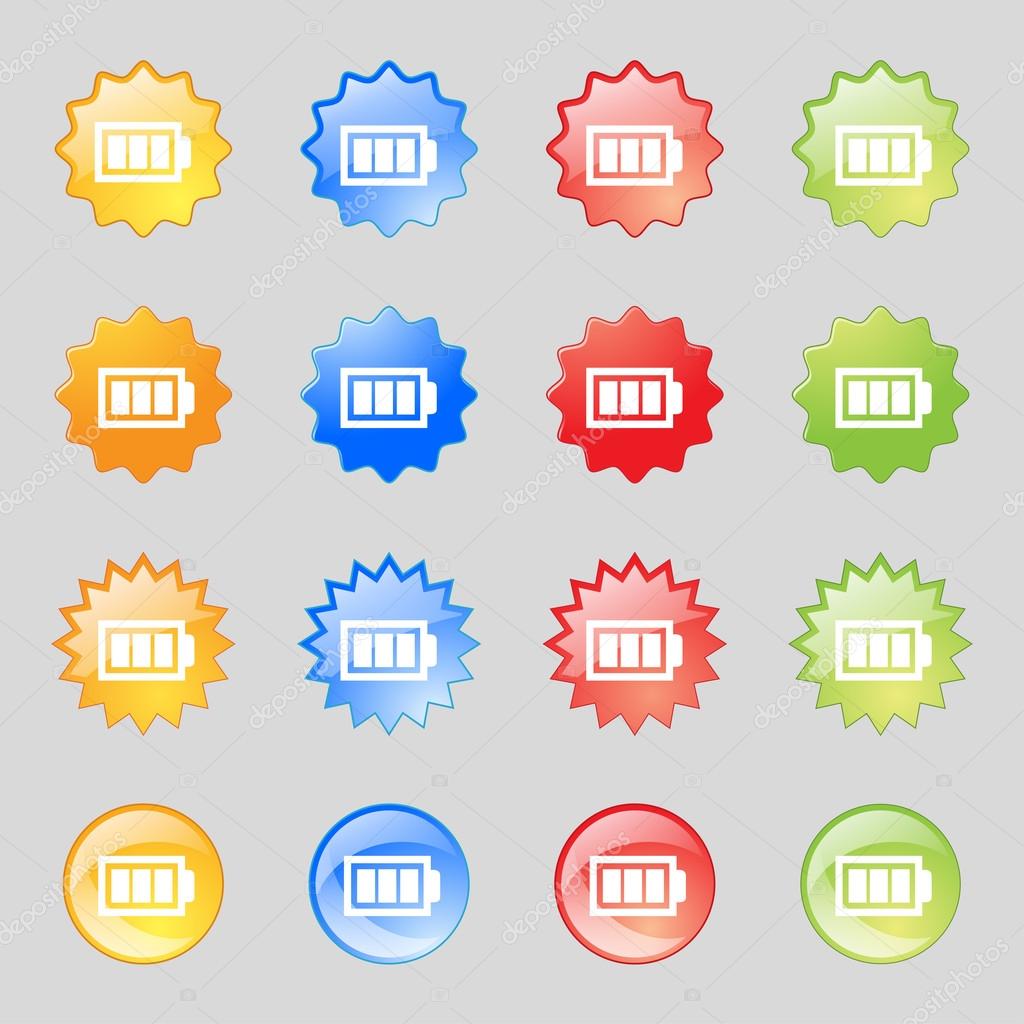 Battery fully charged sign icon. Electricity symbol. Set of colour ...