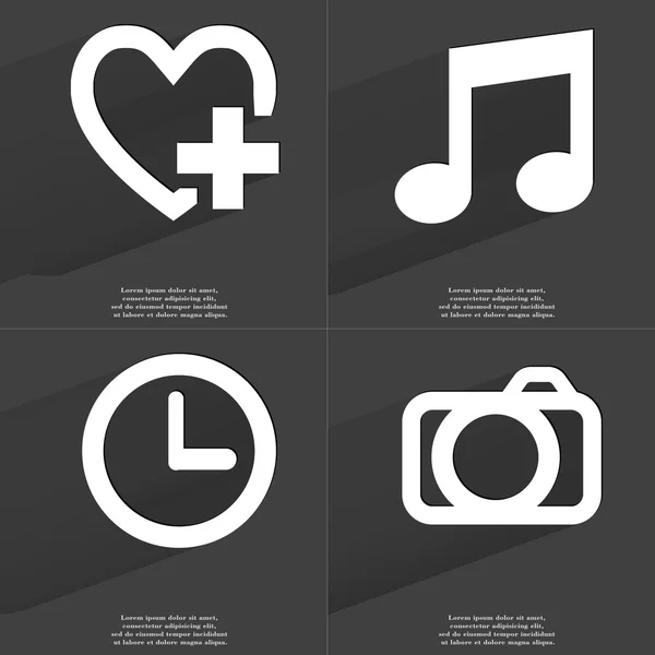 Heart plus, Note sign, Clock, Camera. Symbols with long shadow. Flat ...