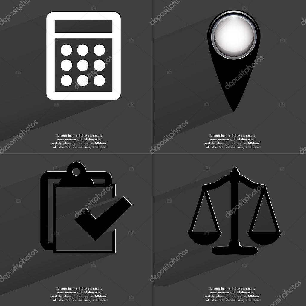 Calculator, Checkpoint, Task completed icon, Scales. Symbols with long ...