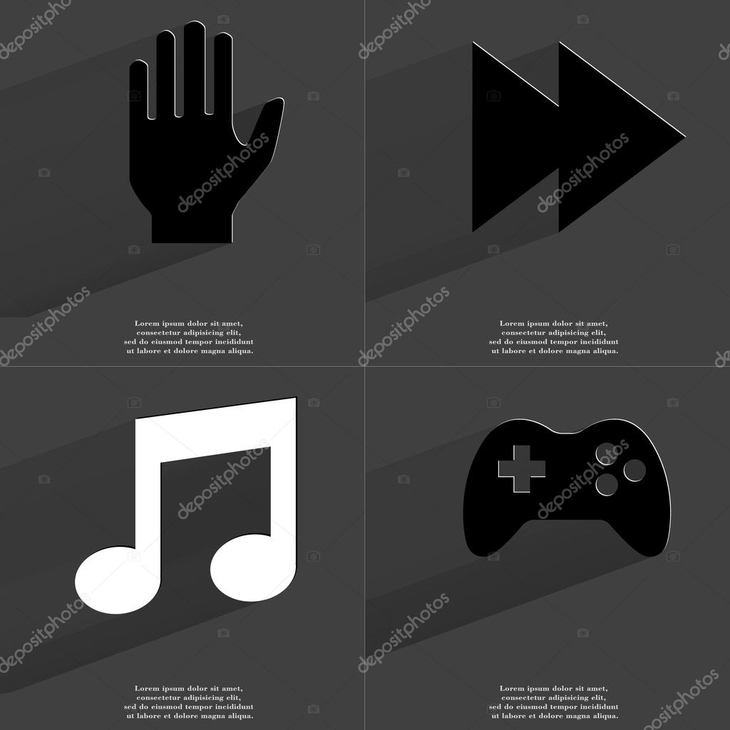 Hand, Two arrows media icon, Note sign, Gamepad. Symbols with long ...