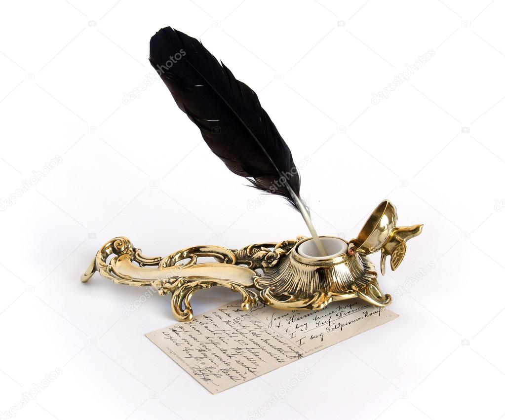 Brass inkwell with feather and letter Stock Photo by ©V_Nikitenko 122784262