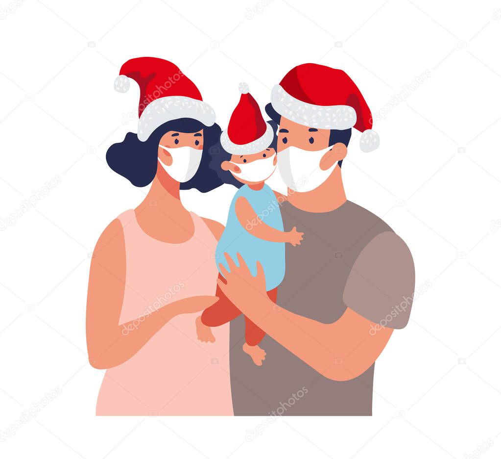 A o Nuevo y Navidad 2021 durante la pandemia del coronavirus, familia con sombreros de Santa ...