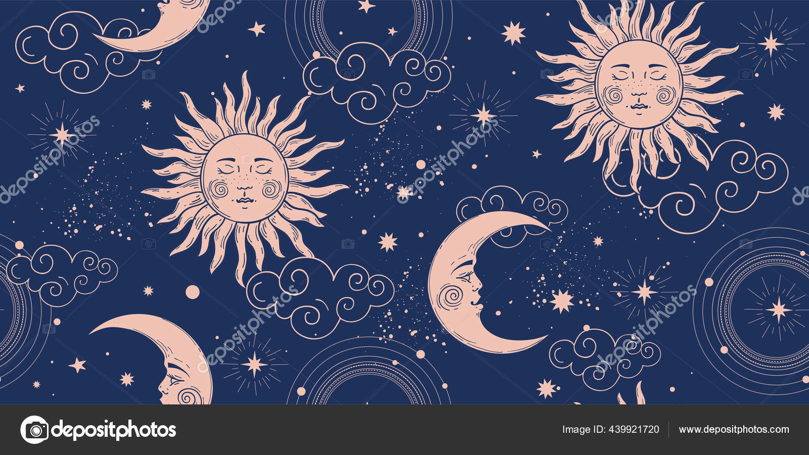 Seamless Cosmic Pattern Sun Crescent Moon Vintage Background Astrology ...