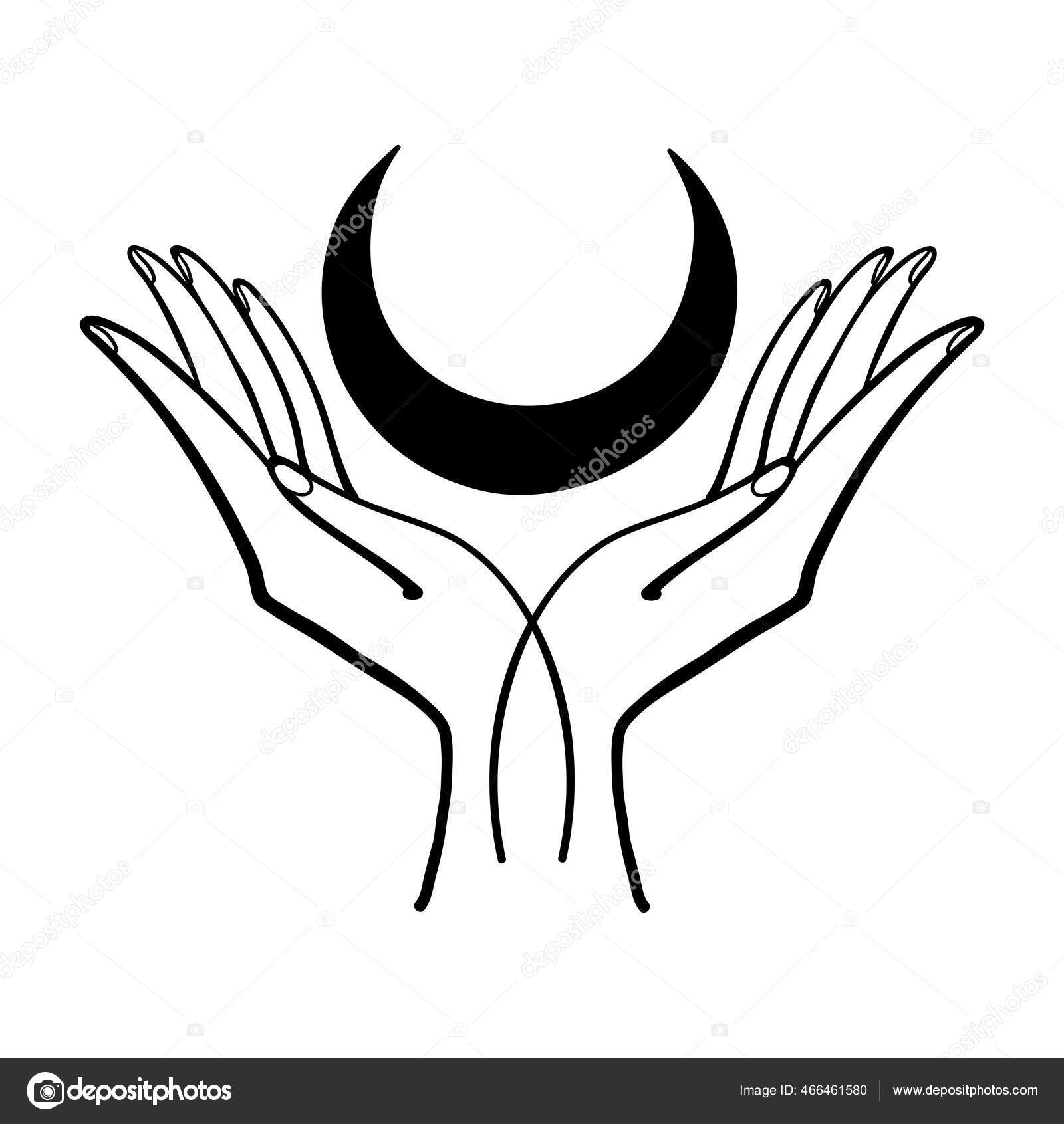 Two hands holding a crescent moon, hand drawing in oriental style, boho ...
