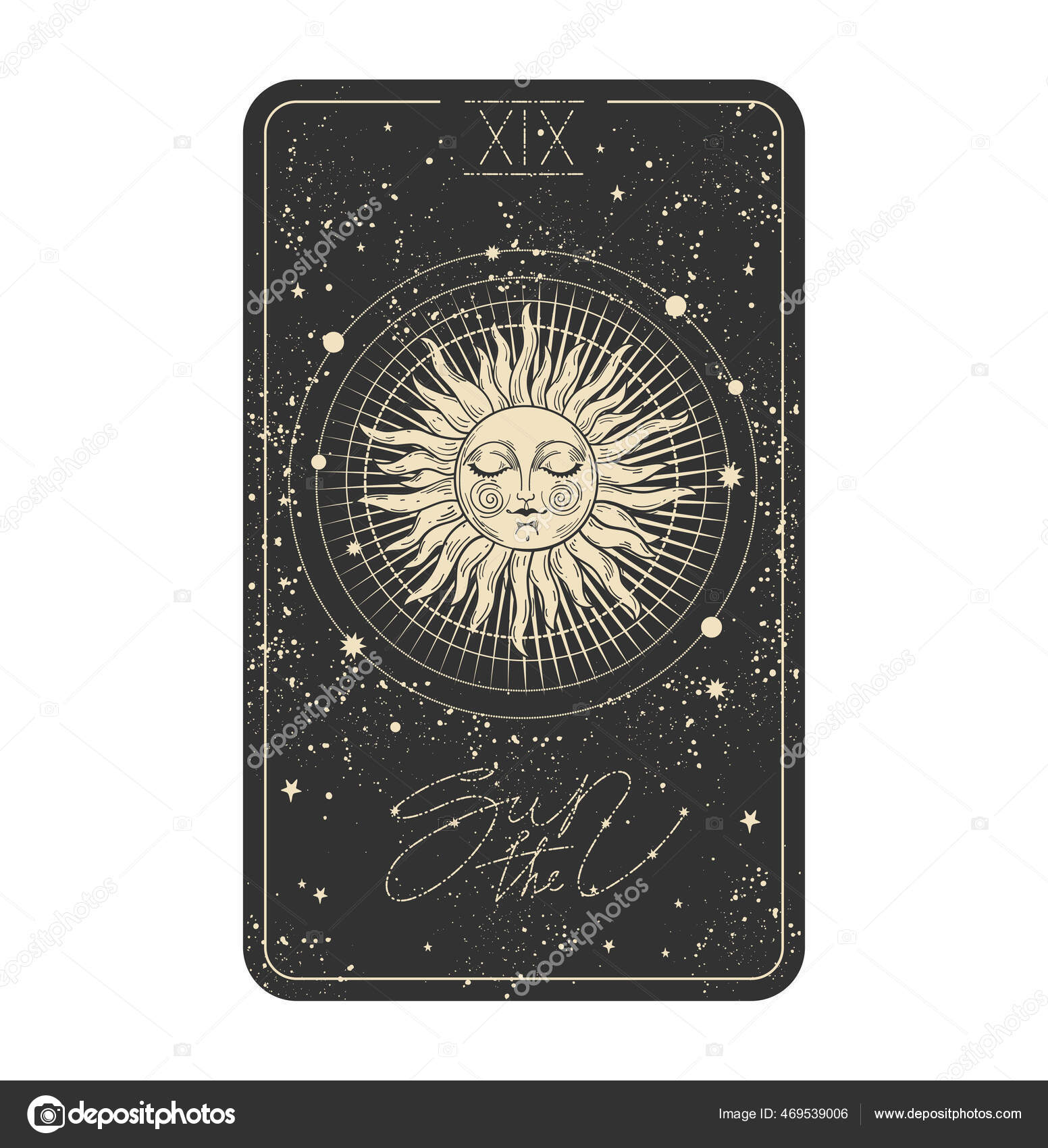 The sun Tarot card icon, sun with a face on a black cosmic background ...