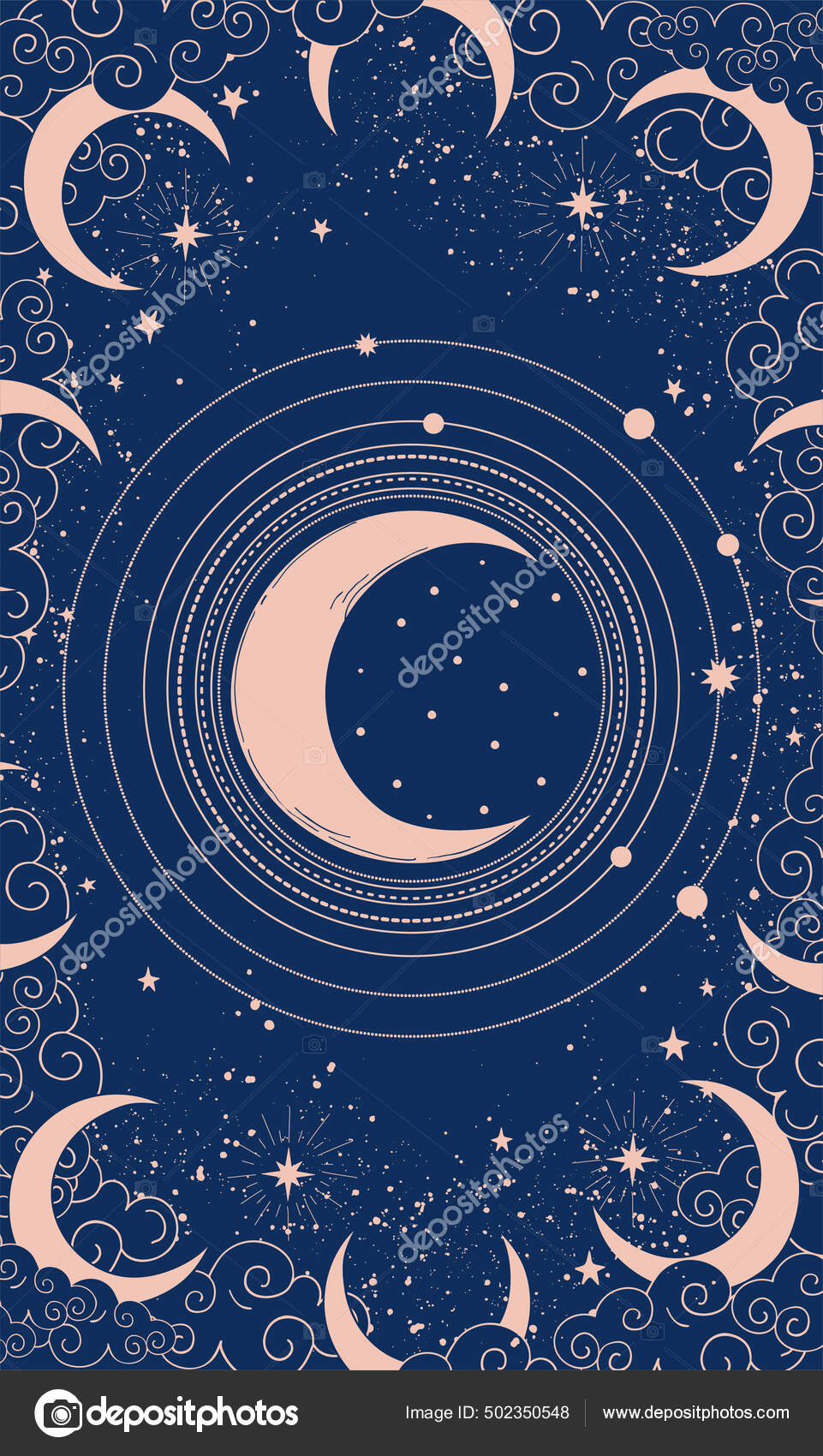 Mystical boho drawing of the moon on a blue background, phases of the ...