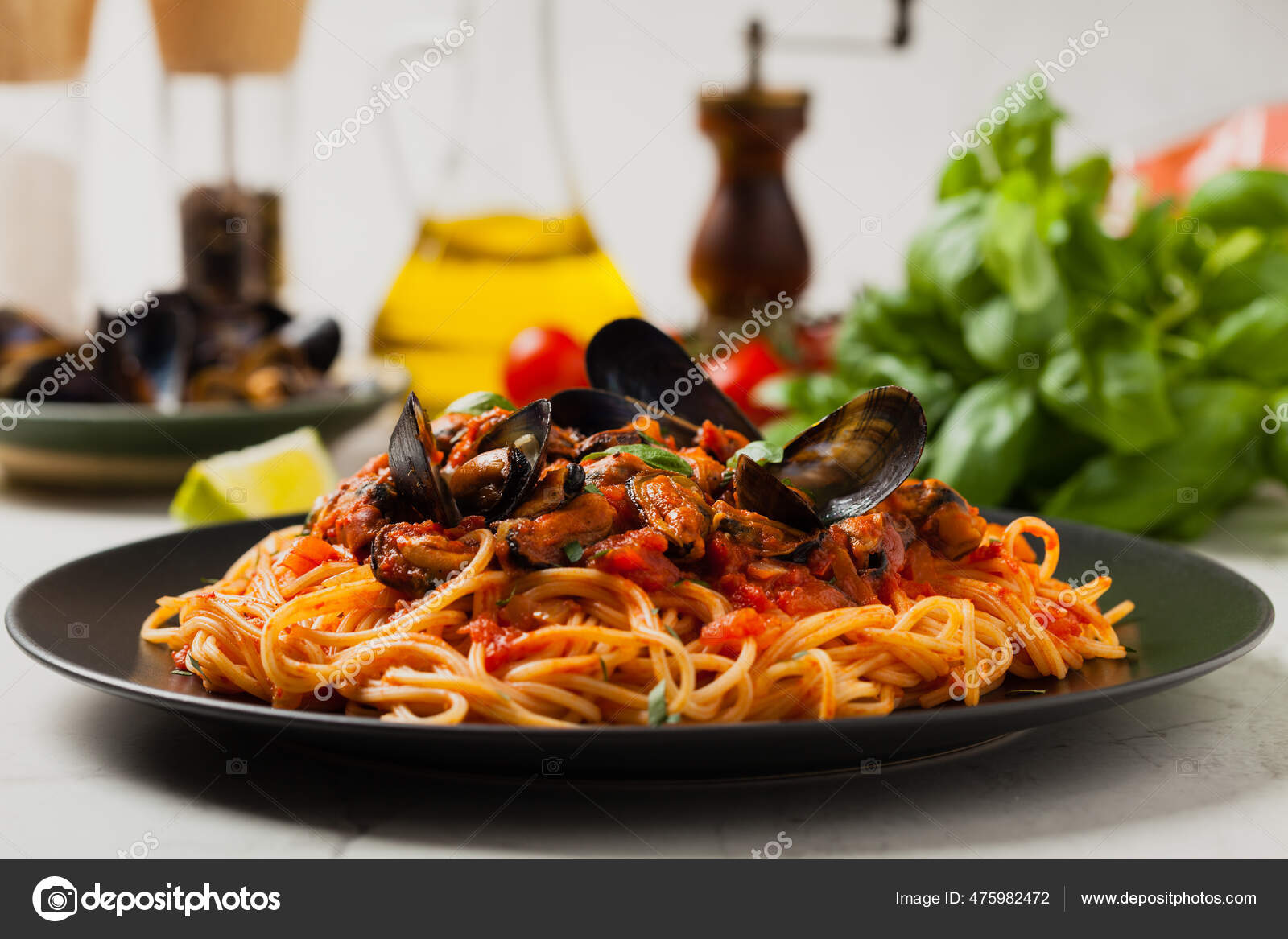 Spaghetti Mussels Front View Stone Background Stock Photo by ©gkrphoto ...