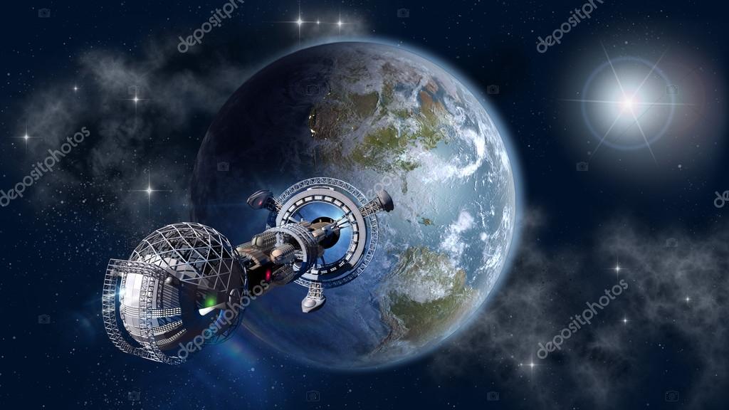 Interstellar spaceship leaving Earth — Stock Photo © 3000ad #119668578