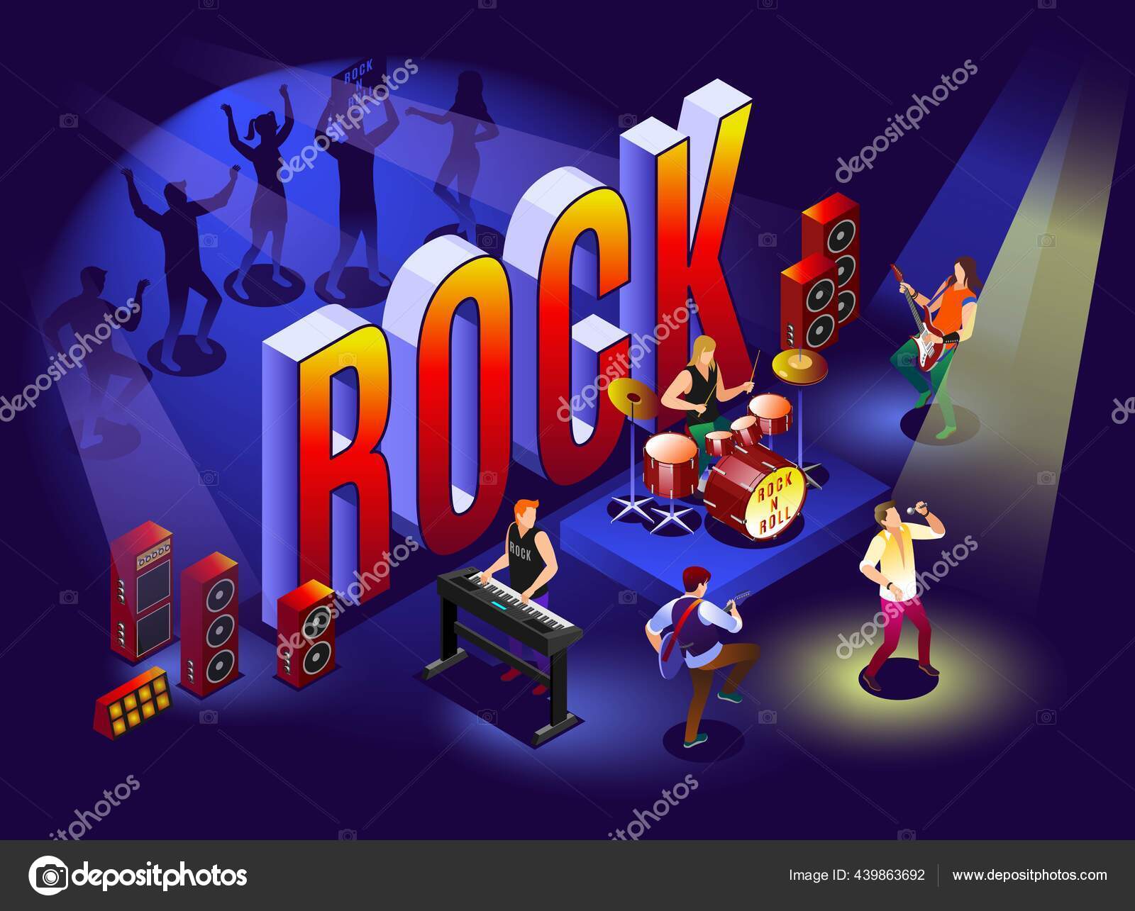 Rock Concert Isometric Word Rock Rock Musicians Fans Illustration ...