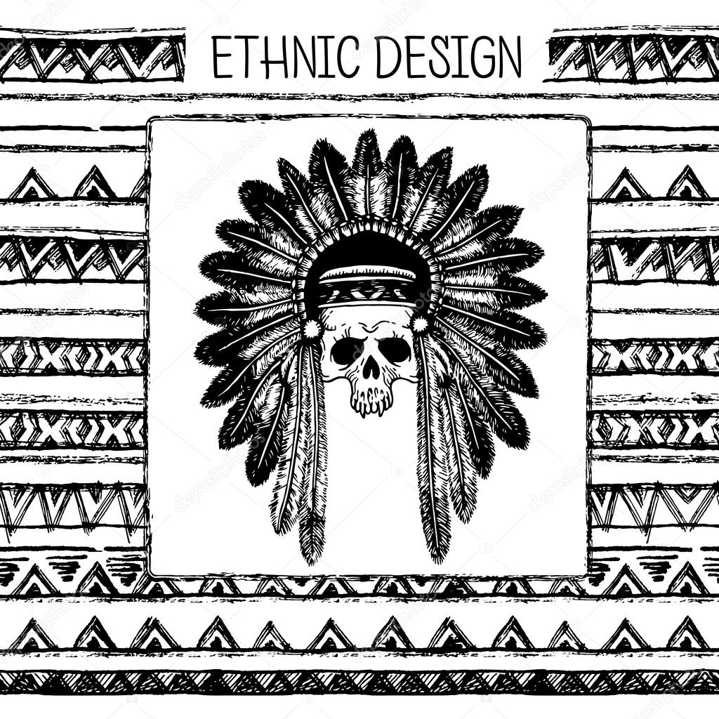 Hand drawn painted seamless pattern with indian headdress and skull ...
