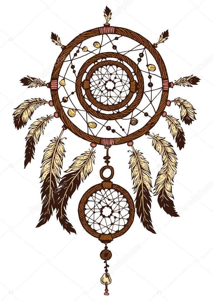 Hand-drawn with ink dreamcatcher with feathers. Ethnic illustration ...