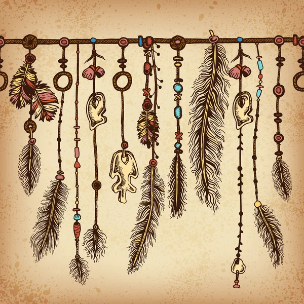 Tribal theme background with hand drawn feathers. Seamless border ...