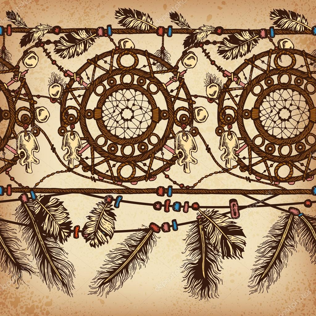 Background with ethnic feathers and ethnic elements. Dream catcher ...